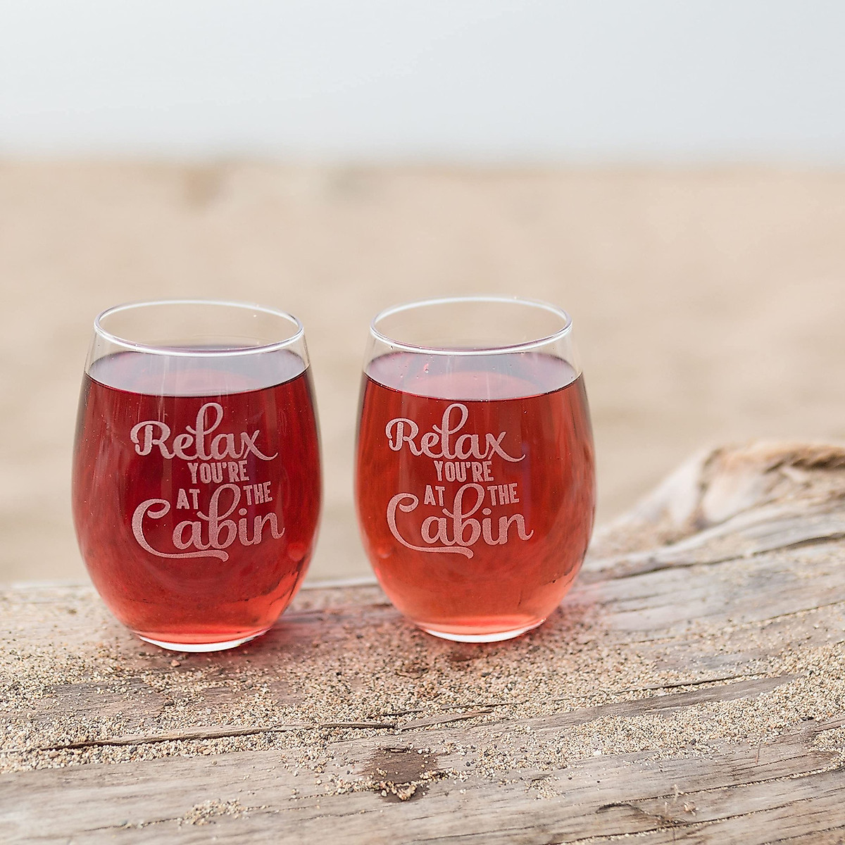 Log Home Decor Stemless Wine glasses Set of Two - Gifts for the Cabin - Retirement Gifts for Men