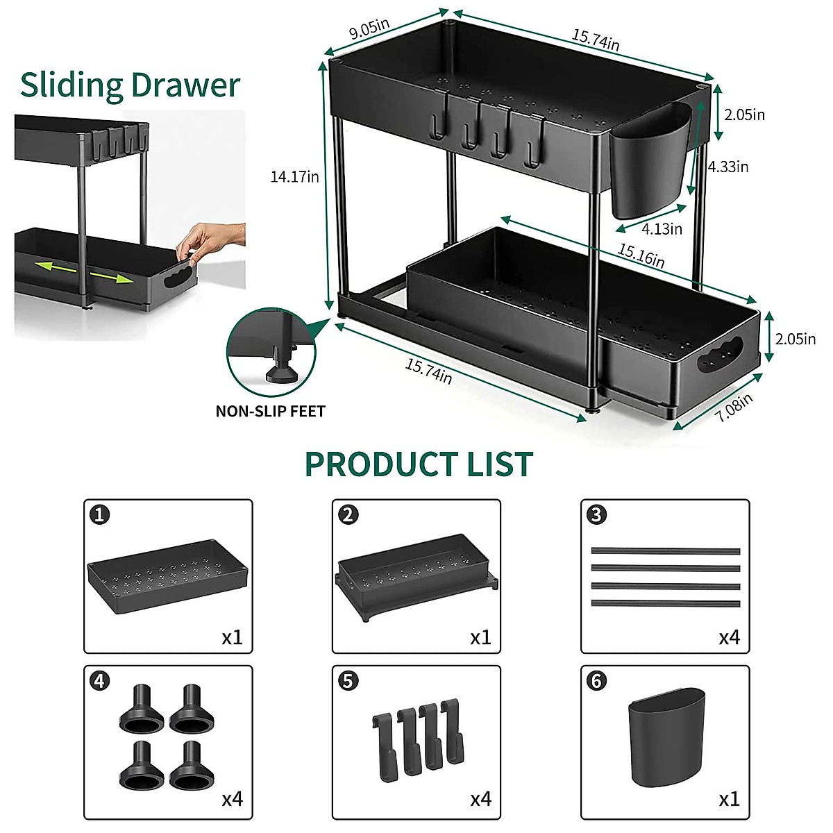 Under Sink Organizer and Storage, 2 Tier Pull Out Bathroom Cabinet Organizer, Bathroom Organizer Under Sink Basket with Hooks and Hanging Cups, Kitchen Bathroom Multipurpose Storage Rack(Black, 2)