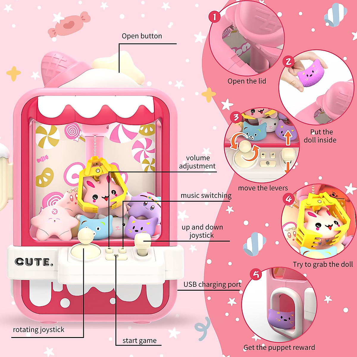 Skirfy Mini Claw Machines for Kids, Candy Dispenser Vending Machine Toys for Girls, Christmas Games Trendy Cool Stuff with Unicorns Toy, Arcade Games Machines Family Day Birthday Gifts for Kids