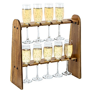 MyGift Industrial Metal Tabletop Wine Glass Holder Stand with 2 Hanger Bars and Shabby White Washed Wood Base - Countertop Stemware Drinking Glasses Hanging Rack