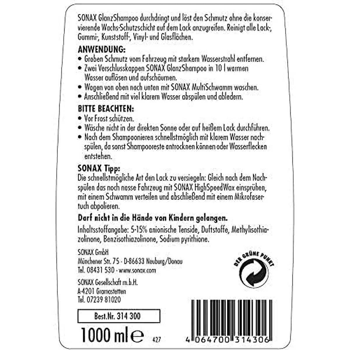 SONAX 314300 Gloss Shampoo Concentrate 1L - Yellow