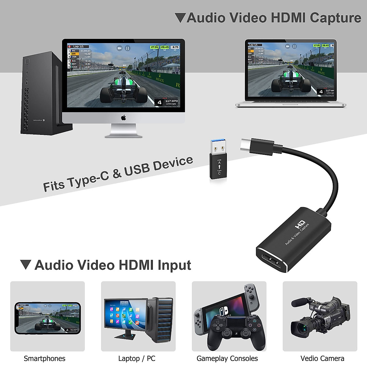 TKHIN Capture Card, Audio Video Capture Card HDMI Game Capture to USB 1080p 60fps, with Type-C to USB Adapter Converter, 4K Full HD Game Capture Low Latency Record for Live Streaming/Gameplay Console