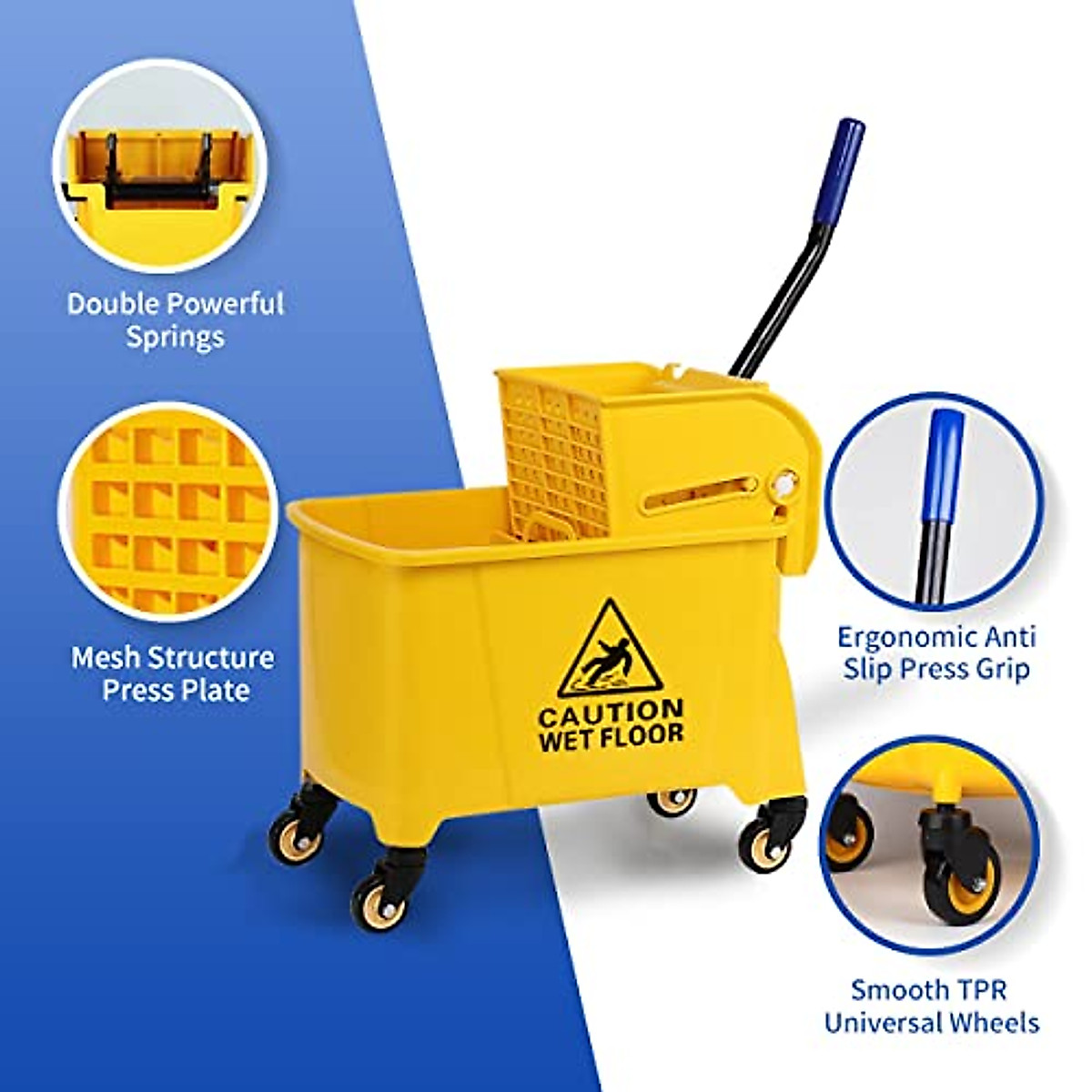 Mop Bucket with Wringer on Wheels, Commercial Mop and Bucket with Wringer Set, Mop Bucket Separate Dirty Water Perfect for School, Offices, Resturants, Restrooms, Yellow( 22 Quarts)