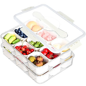 2 Pack Portable Picnic Parties Fruit Tray, 9 Compartment Fridge Food Veggie Condiment Divided Serving Preservation Storage Containers, Kitchen Clear Snackle Box Candy Organizer with Lid Handle