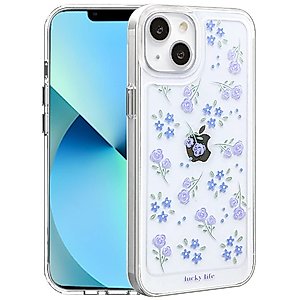 CEOKOK for iPhone 13/14 Case, Clear with Purple Rose Floral Pattern, Cute Aesthetic Protective Cover, Transparent Anti-Scratch & Shockproof Phone Case for Women Girls, Kawaii Design for iPhone 13/14