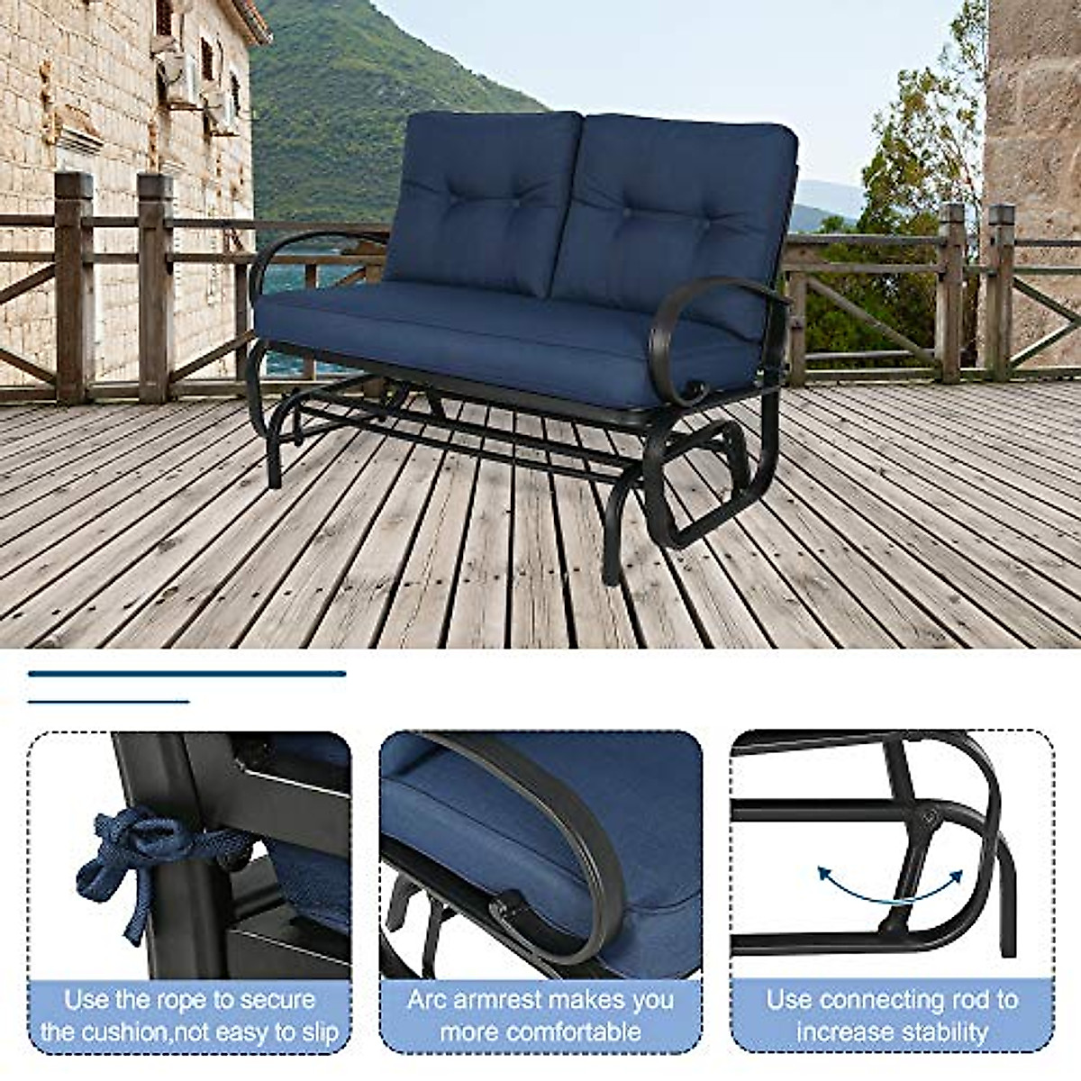 Iwicker Patio Glider Bench Swing Chair Outdoor Rocking Loveseat with Cushions (Navy Blue)