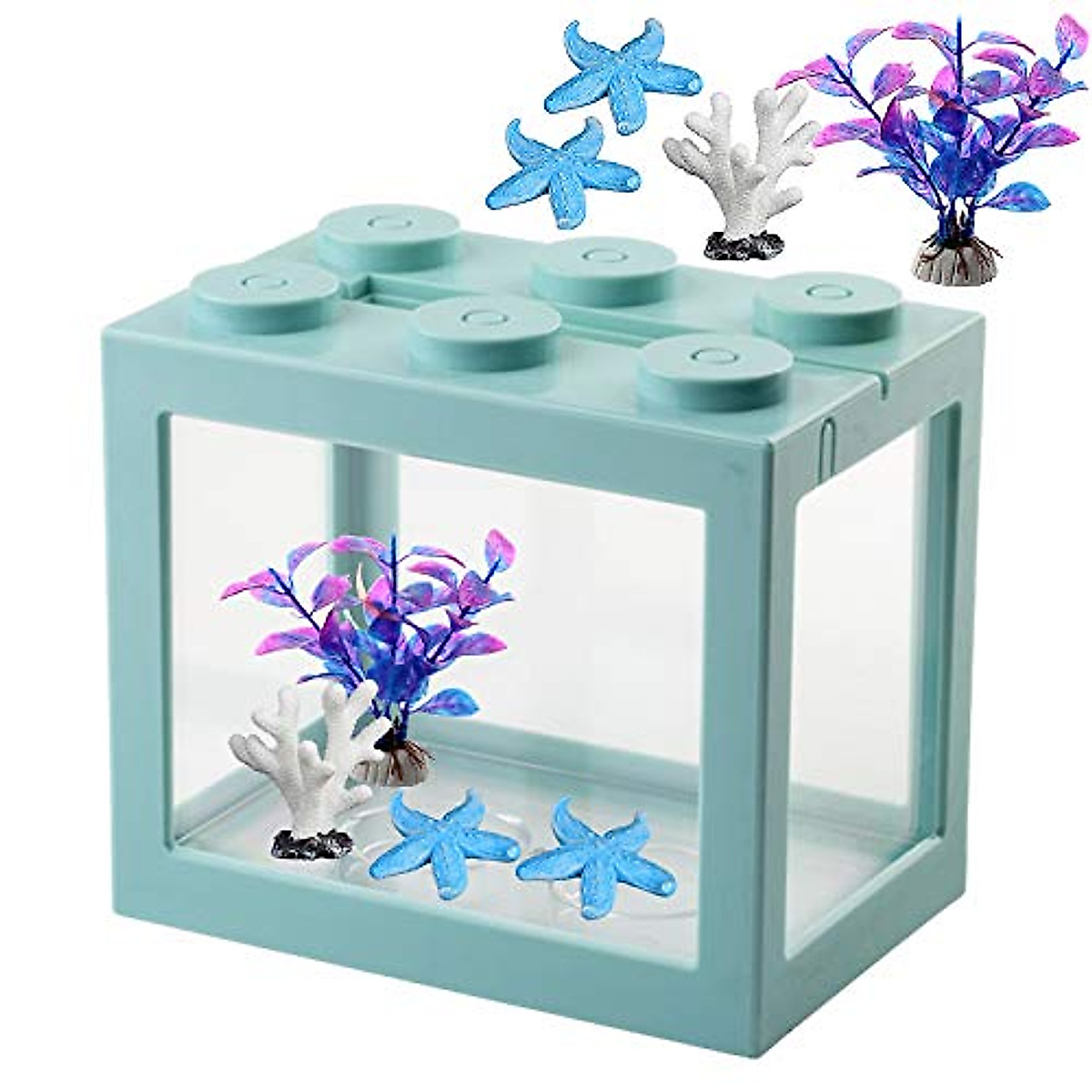 Small Betta Fish Tank, Large Fish Tank Fish Bow Aquarium with Imitation Starfish Coral Decoration, Clear Stackable Cube Tank for Ant Feeding Jellyfish Goldfish Moss Balls Insects,76oz