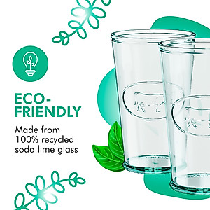 Amici Home Milk Glass | 11 Oz | Italian Made, Clear Recycled Glass with Green Tint | Cute Glass with Cow Motif for Milk, Water, Juice, Cocktails, Fresh Drinks (Set of 6)