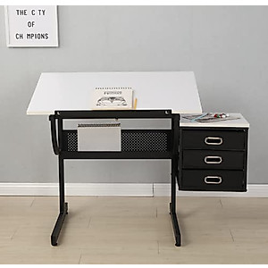 Lamerge Drafting Table with Stool, Drawing Desk for Adults/Artists with 3 Storage Drawers, Tabletop Adjustable 0-75° Tilting for Reading Writing Work Home Office, White