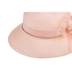 DANTIYA Women's Bowler Church Cloche Hat Bling Bing Organza Bridal Dress Cap (Pink, One Size)