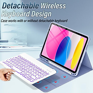 REAL-EAGLE Backlit Keyboard Case for iPad 10th Generation (2022) 10.9 Inch with Screen Protector, 7 Colors Light Wireless Detachable Keyboard with Purple Protective Folio Cover Case