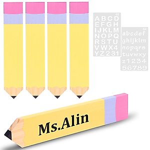 7 Pcs Personalized Pencil Teacher Name Plates and Letter Alphabet Number Template Large Teacher Appreciation Presents Blank Wooden Shaped Plaque Desk Sign Back to School Classroom Decor