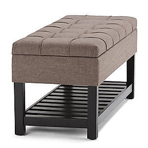 SIMPLIHOME Saxon 43 Inch Wide Transitional Rectangle Storage Ottoman Bench in Fawn Brown Linen Look Fabric, For the Living Room and Bedroom