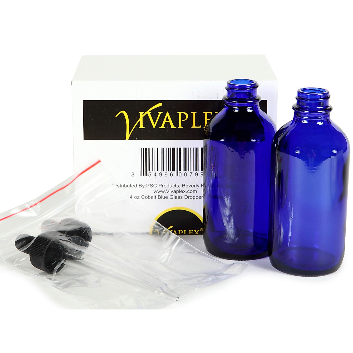 Vivaplex, Cobalt Blue, 4 oz Glass Bottles, with Glass Eye Droppers - 2 pack