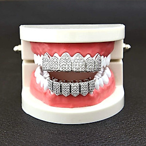 HH BLING EMPIRE Iced Out Diamond Teeth Grillz for Men Women, Hip Hop Silver Gold Grills for Your Teeth Top and Bottom, Rapper Costume Mouth Grillz with Silicone Molding Bars (Silver)