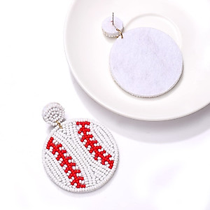 NVENF Beaded Baseball Earrings Sports Earrings for Women Handmade Bead Basketball Drop Dangle Earrings Holiday Party Game Jewelry Gifts (White Baseball 2)