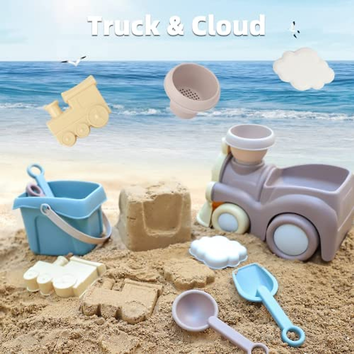 Aigitoy Beach Toys for Toddlers, Kids Sand Toys Includes Beach Bucket, Dump Train Toy, Sand Shovel, Rake, Small Watering Can and Bonus Mesh Bag Outdoor Tool Kit for Kids - Sandbox Toys with Gift Box
