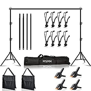 MsMk Photo Video Studio Backdrop Stand with 8 Spring & 4 Clips, 6.5ft x 10ft Adjustable Muslin Background Support System Kit with Sand Bag, Carry Bag for Photography Studio