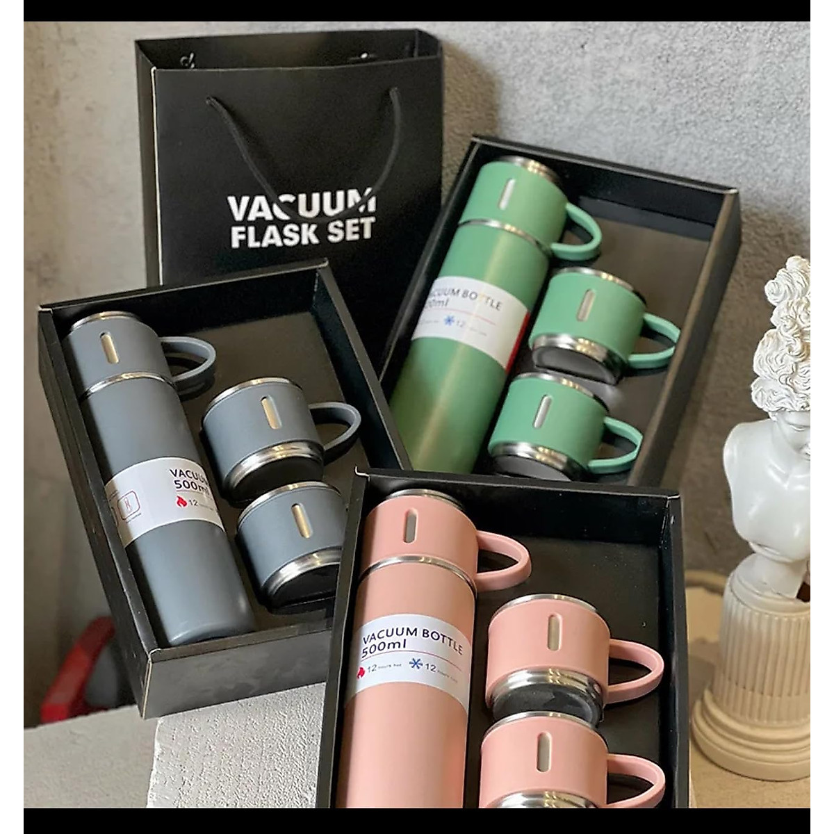 Vacuum insulated flask with cups(black,pink,green,gray,brown,navy blue)