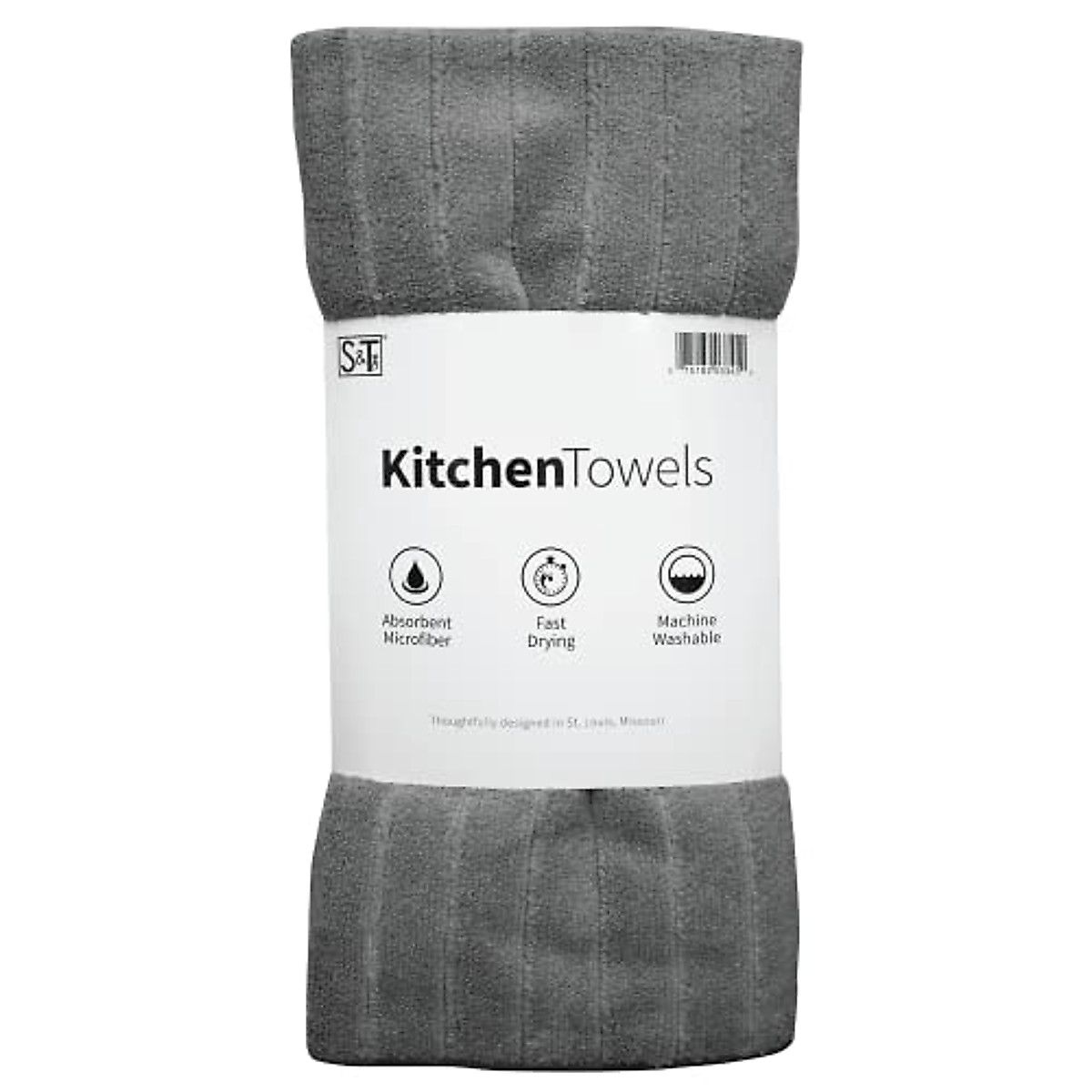 S&T INC. Soft, Absorbent Hand Towel with Hanging Loop, Microfiber Dish Towels for Kitchen, 5 Pack, 18 Inch x 26 Inch, Grey