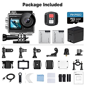 AKASO Brave 4 Pro 4K30 Action Camera with 64GB MicroSD U3 Card, 131FT Underwater Waterproof Camera EIS Touch Screen Remote Control with 2x1350mAh Batteries and Helmet Accessories Kit Bundle