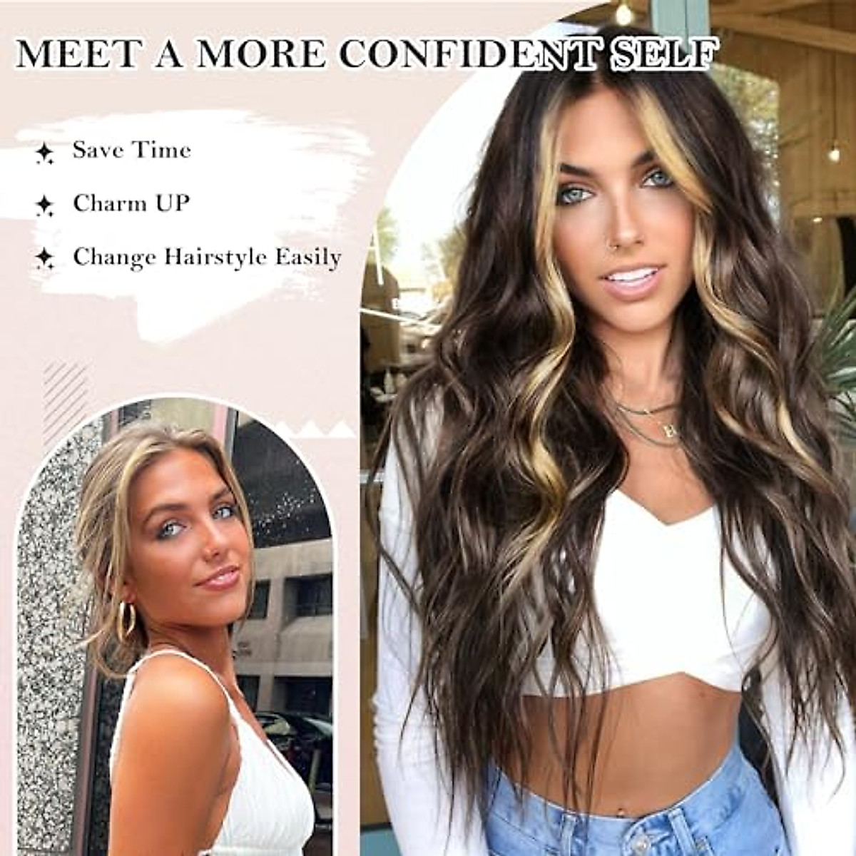 N NAYASA Long Wavy Middle Part Wig for Women Synthetic Curly Wigs Natural Wavy Heat Resistant Wig for Daily Party Use (Brown Mixed Blonde,24inch)