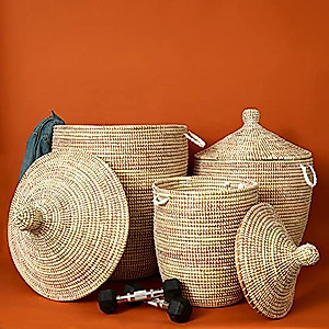 Senegal Jumbo Solid White Color Hand Woven Grass Basket with Hooded Lid