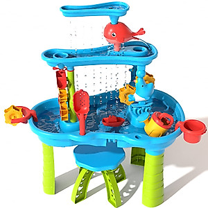 Doloowee Sand and Water Table Toy for Kids, 3 Tier Showers Pond Table, Kids Play Activity Summer Outdoor on Beach Backyard Toddlers 1-3 Age 3-5 Up