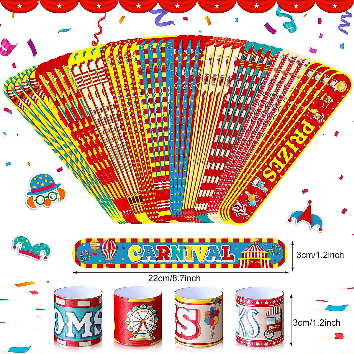 Junkin 90 Pcs Carnival Party Favor Supplies Carnival Slap Bracelets Carnival Stickers Carnival Circus Party Favors Circus Clown Animal Slap Bracelets Circus Stickers for Birthday Baby Shower Decor