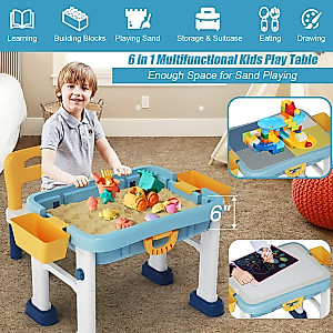 HONEY JOY 6-in-1 Kids Activity Table, Large & Small Size Blocks Compatible w/Classic Blocks, Adjustable Height, Water Table & Sand Table & Dry Erase Easel w/Marker, Kids Play Table with Storage