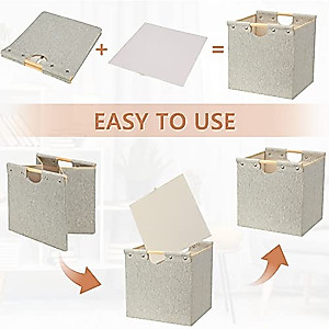 Posprica 13x13in Collapsible Storage Bins, 4 Pack Fabric Foldable Cube Storage Bins with Wooden Carry Handles, Decorative Storage Baskets for Bathroom Organizer, Shelves, Closet, Nursery, Toy -Beige