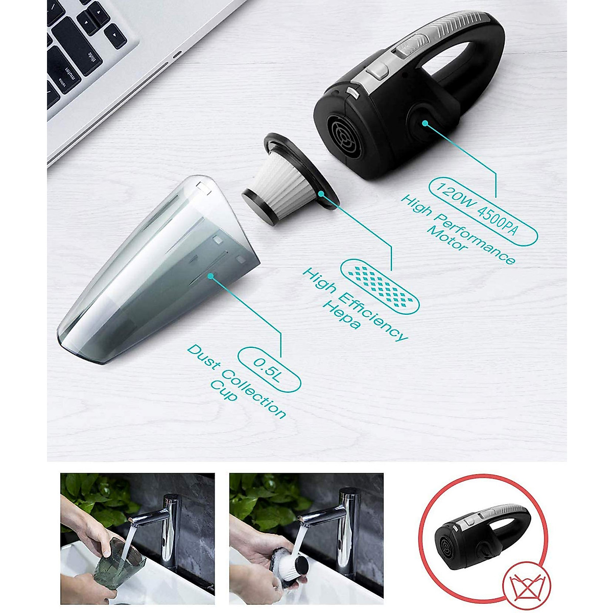 SZFY Handheld Vacuum Cordless Portable Wet Dry Vacuum Cleaner for Car Home Pet Hair with Filter Rechargeable 2200mAh Lithium Battery 120W 4500PA Powerful Suction (Black)