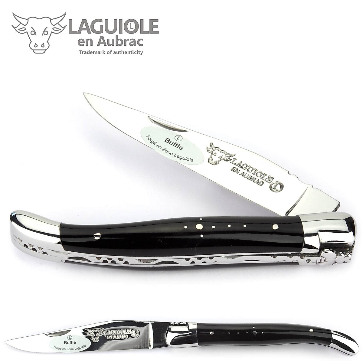 Laguiole en Aubrac handmade knife 11 cm L0211BUIF buffalo horn handle, blade and bolsters stainless steel shiny