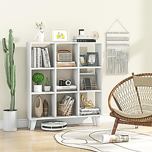 Giantex 9-Cube Open Bookcase, 3-Tier Freestanding Bookshelf with 4 Slanted Legs & 6 Removable Shelves, Modern Cubby Storage Organizer, Wood Display Book Shelf for Living Room Bedroom Study, White