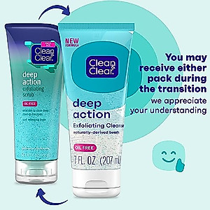 Clean & Clear Oil-Free Deep Action Exfoliating Facial Scrub, Cooling Daily Face Wash With Exfoliating Beads for Smooth Skin, Cleanses Deep Down to the Pores to Remove Dirt, Oil & Makeup, 7 oz