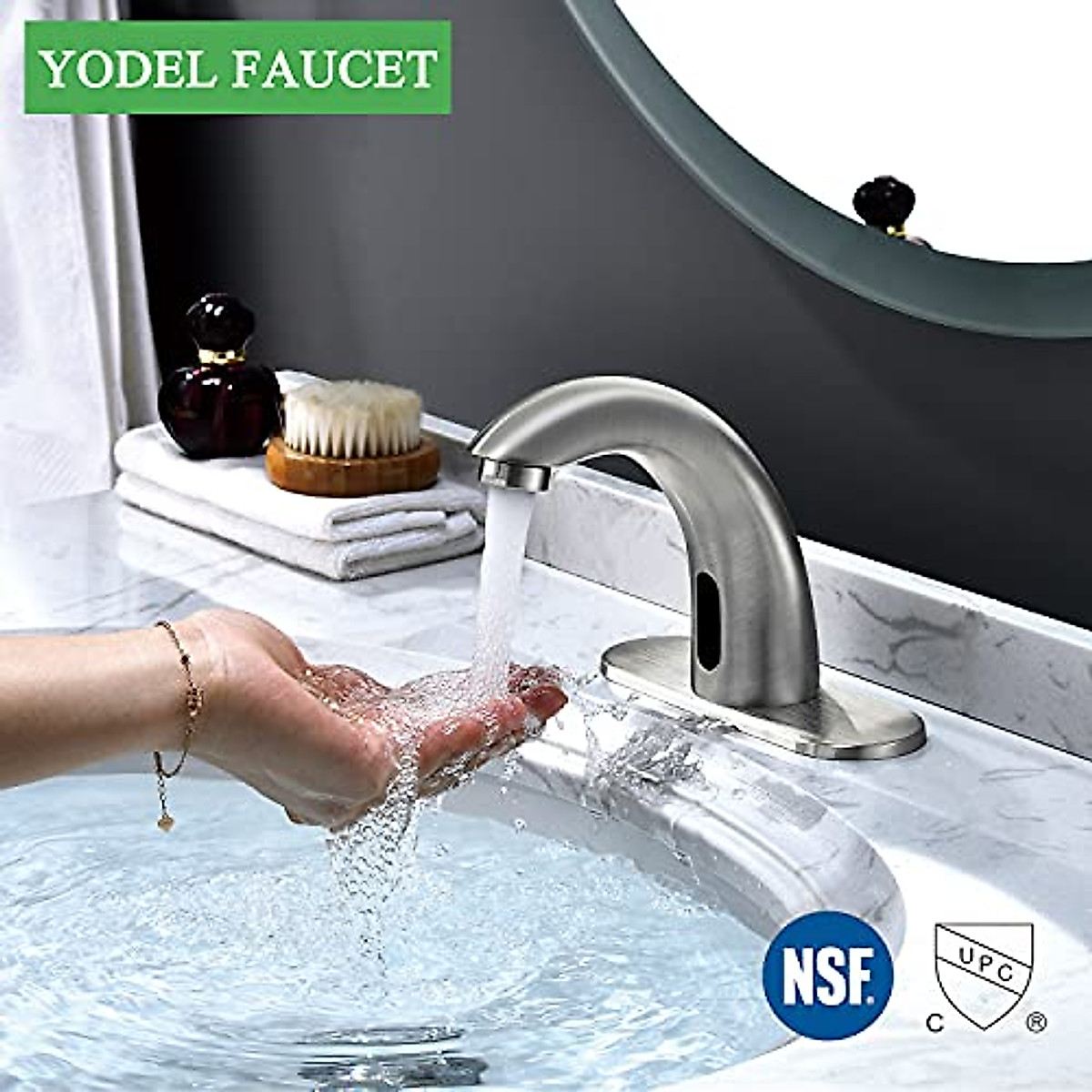 Yodel Faucet Brushed Nickel Touchless Bathroom Sink Faucet with Temperature Control Mixing Valve Commercial Automatic Motion Sensor Hot Cold Mixer Solid Brass Faucet