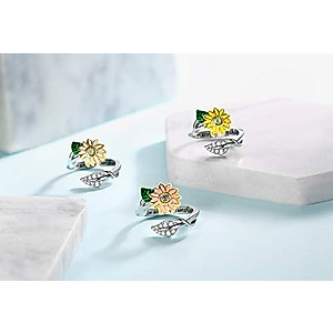 Hewayiu You are My Sunshine Sunflower Enameled CZ Heart Stainless Steel Ring Promise Eternity Band Cocktail Party Rings Adjustable Size 5-10