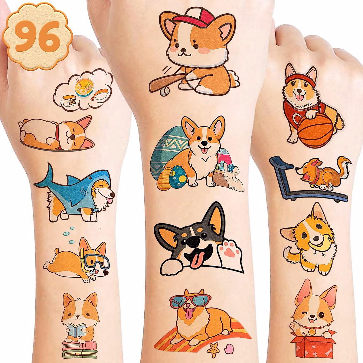 8 Sheet (96Pcs) Corgi Temporary tattoos for Kids, Pet Dog Birthday Party Decorations Favors Supplies Super Cute Tattoos Sticker Gifts for Boys Girls Baby Shower Prizes Rewards Christmas