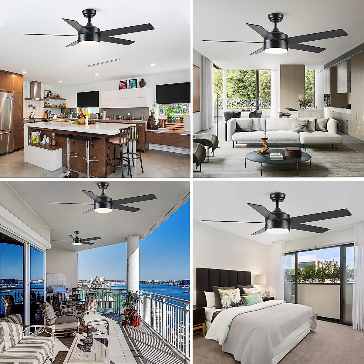 POCHFAN 52 inch Black Ceiling Fans with Lights and Remote Control, Quiet Modern Ceiling Fan for Bedroom, Living Room, Dining Room, Dimmable 3-Color Temperatures 6-Speed