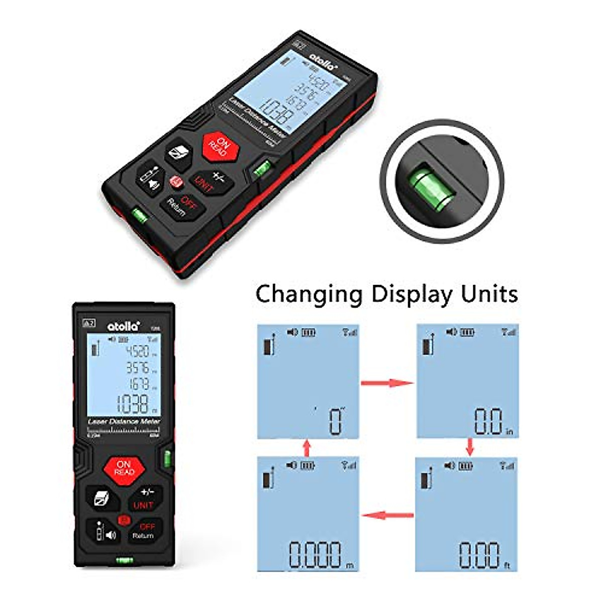 Laser Measure, atolla Laser Distance Meter (196Ft M/In/Ft) up to 60m/±2mm Accuracy with Mute Function, Waterproof IP54, Bubble Level, LCD Backlit for Pythagorean Mode, Measuring Distance, Area, Volume
