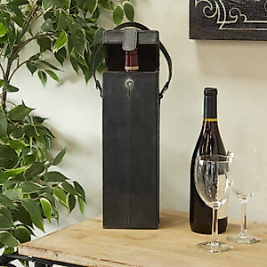 Deco 79 Leather Handmade Single Bottle Wine Holder with Carrying Handle, 5" x 5" x 15", Blue