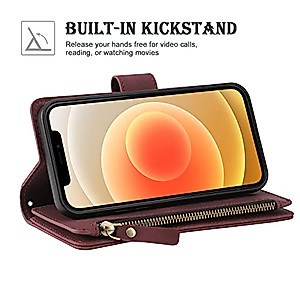 RANYOK Wallet Case Compatible with iPhone 13 (6.1 inch), Premium PU Leather Zipper Flip Folio Wallet RFID Blocking with Wrist Strap Magnetic Closure Built-in Kickstand Protective Case (Wine Red)