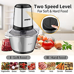 Meat Grinder Electric 2L Capacity 8 Cups Food Processor with Stainless Steel Bowl and 4 Large Sharp Blades Food Chopper Electric 2 Rotating Speed Levels with Spatula for Meat Vegetables Fruits Nuts