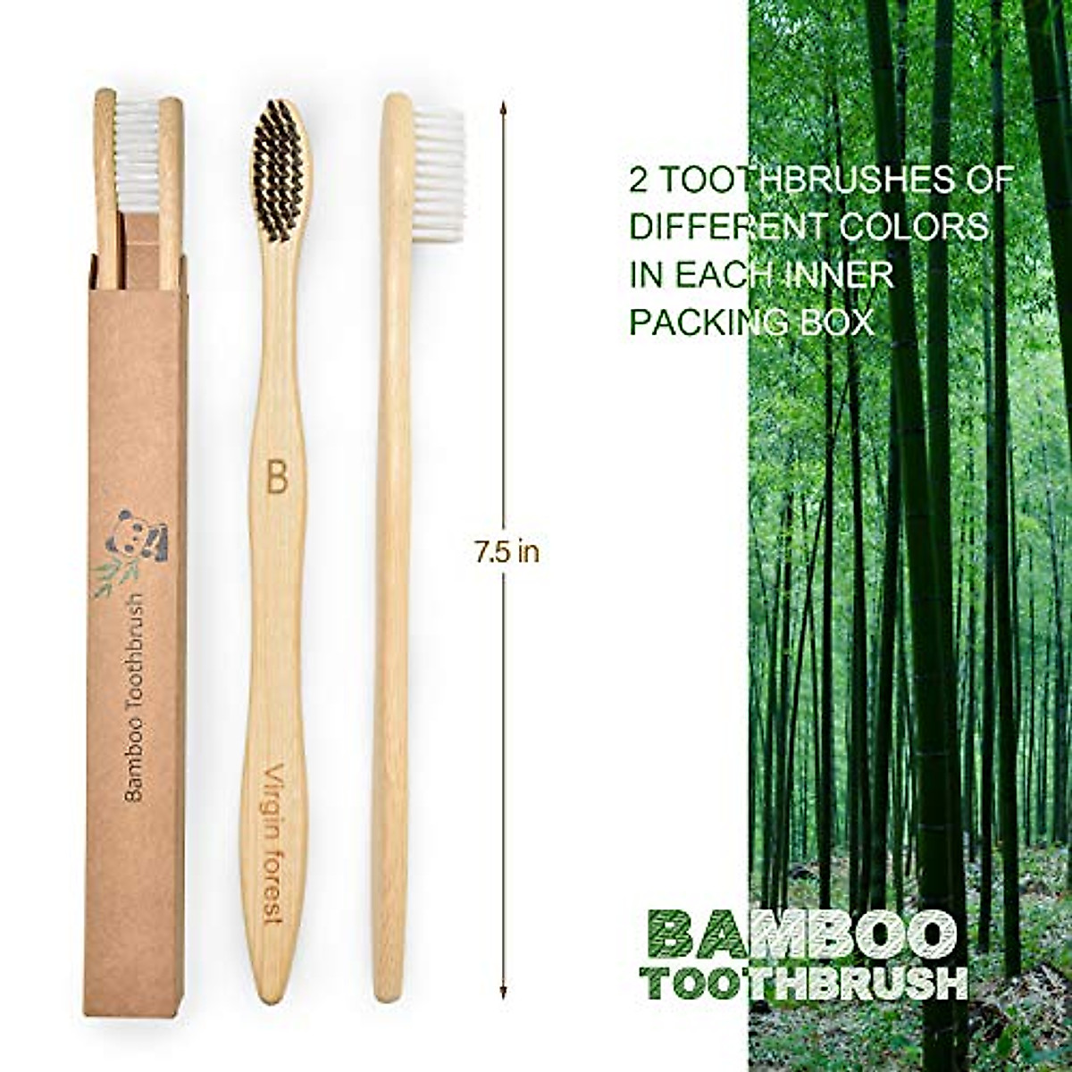Virgin Forest Bamboo Toothbrushes, Eco Friendly BPA Free Soft Bristles Toothbrush, Biodegradable Natural Wooden Toothbrushes, Vegan Organic Bamboo Charcoal Tooth Brush for Sensitive Gums Set of 10