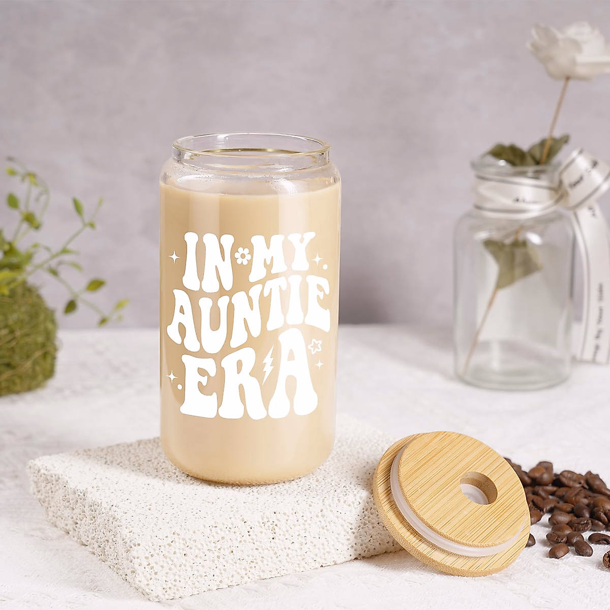 Fairy's Gift Aunt Cup, Cute Aunt Gifts - Iced Coffee Cup, 16 oz Glass Cup with Lid & Straw - Christmas, Birthday Gifts for Auntie, Best Aunt, New Aunt - Auntie Gifts from Niece, Nephew