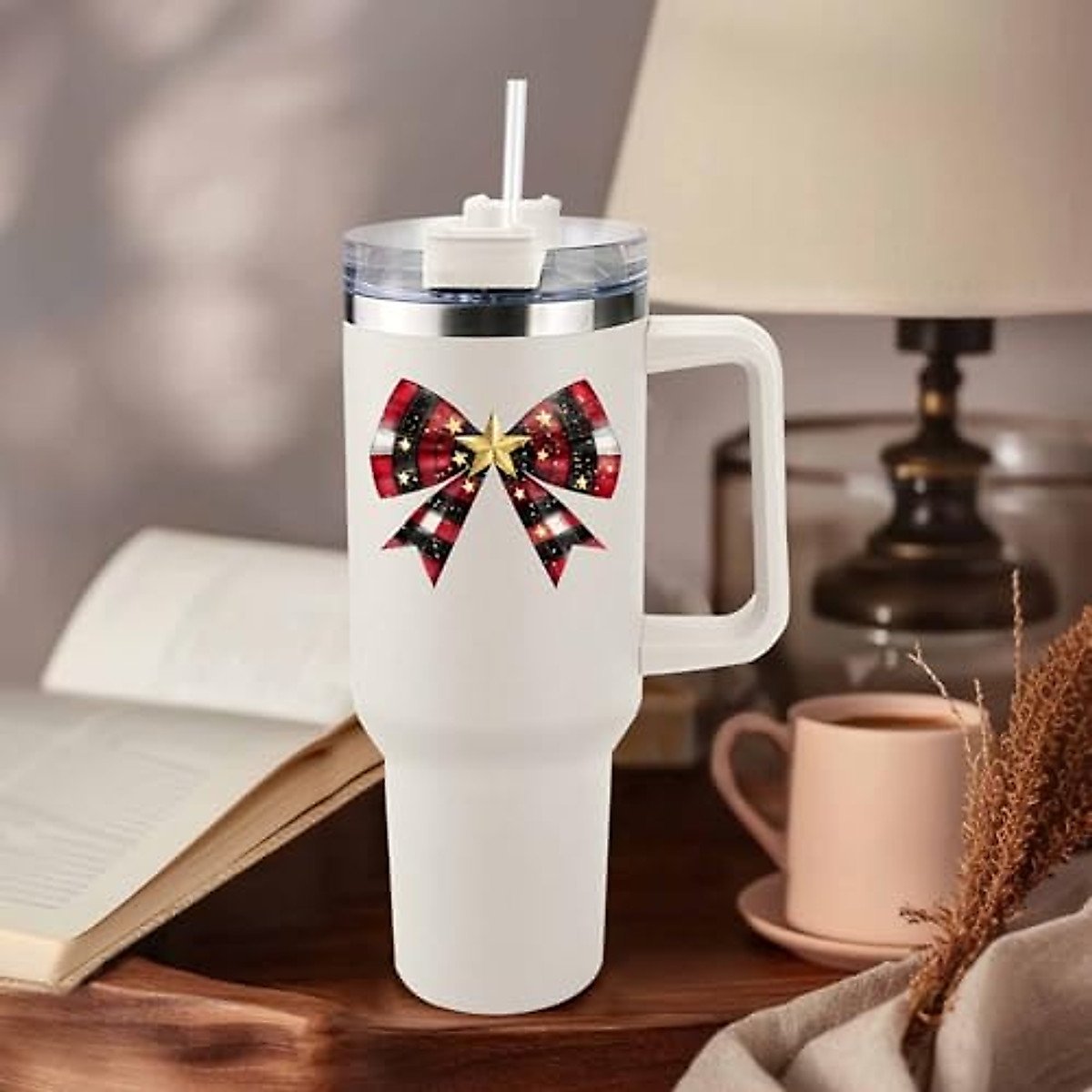 LB LEOBON 40 ounce insulated cup with handle, double-layer vacuum stainless steel material, equipped with straw, can keep warm or maintain cold drinks Red and Black Plaid Bow white