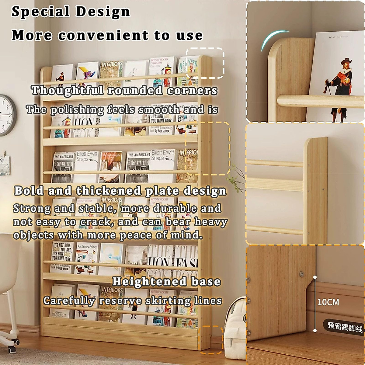 Floor Bookcases Display Racks Tall Thin 10cm Standing 2-8 Tier Bookshelves Wood Frame Behind The Door Open Storage Rack Shelf Book Shelf for Bedroom, Living Room, Home Office