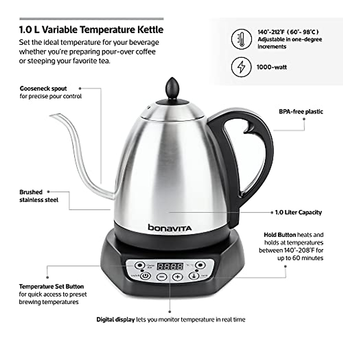 Bonavita 1L Digital Variable Temperature Gooseneck Electric Kettle for Coffee Brew and Tea Precise Pour Control, 6 Preset Temps, Café or Home Use, 1000 Watt, Stainless Steel