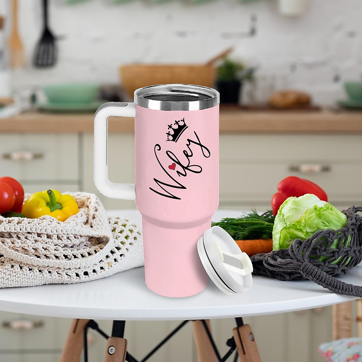 Wifey 40oz Insulated Travel Mug - Wifey Coffee Cup Tumbler with Handle, Anniversary & Birthday Gift for Wife Idea