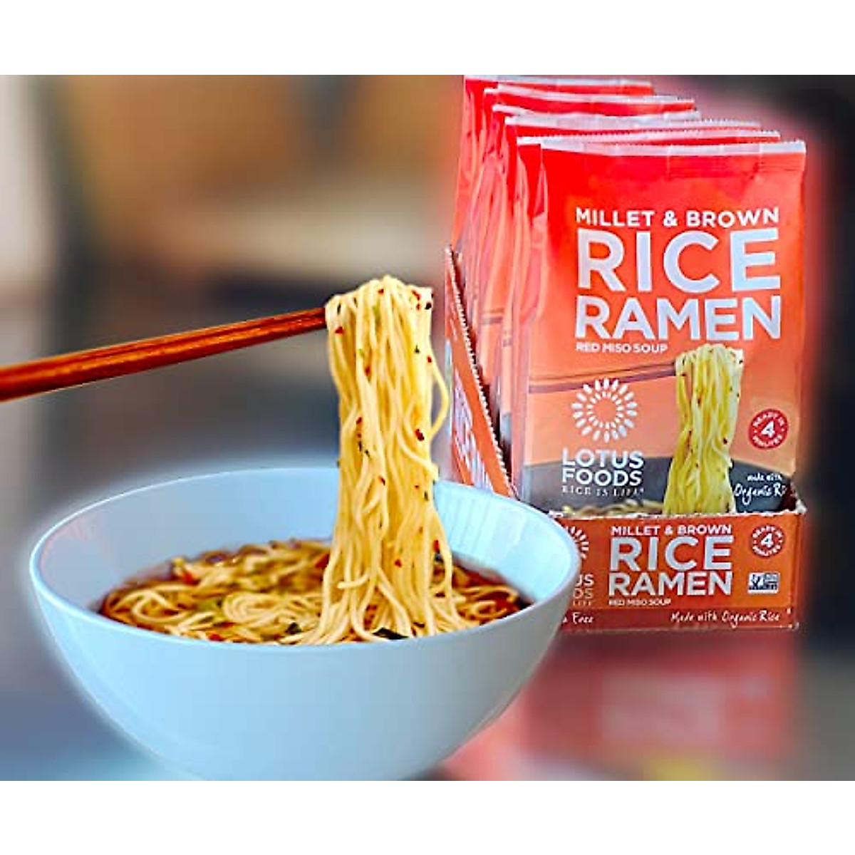 Lotus Foods Bulk Food Organic Millet & Brown Rice Ramen Noodles with Red Miso Soup, Gluten-Free Easy to Cook & Healthy Japanese Noodles with Instant Gourmet Broth, 2.8 Oz (Pack of 10)